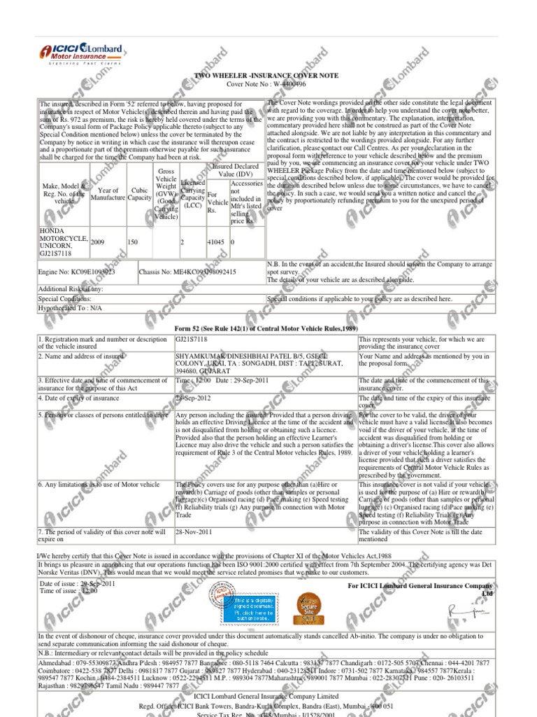 Two Wheeler Insurance Cover Note - Providing Details of the Insured ...