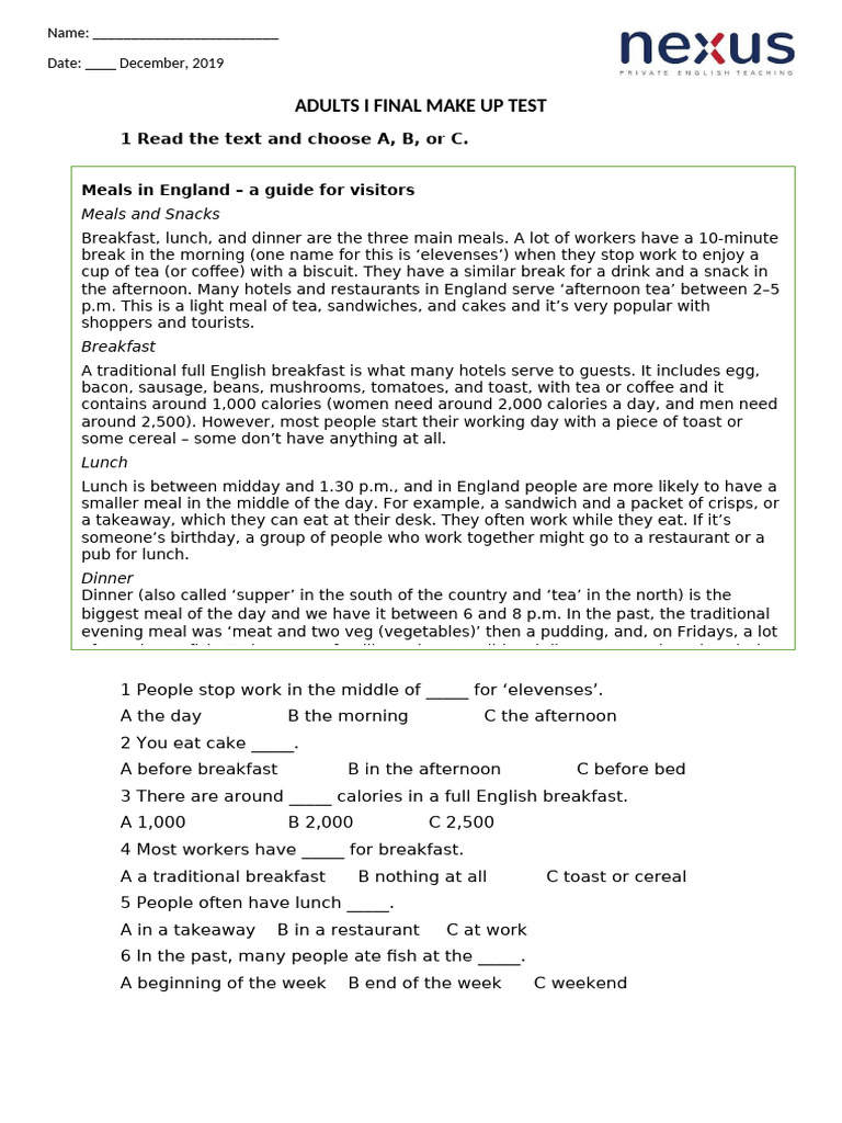 Adults I Final Make Up Test | PDF | Lunch | Meal