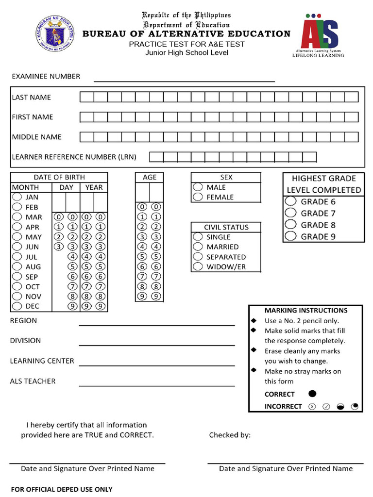 ALS A&E Practice Test for JHS | PDF | Philippines | Schools