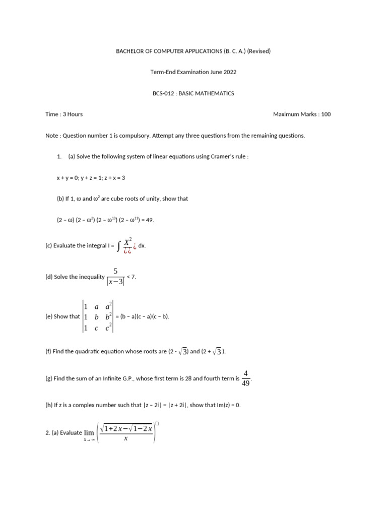 BCS-012 June 2022 | PDF | Mathematical Concepts | Equations
