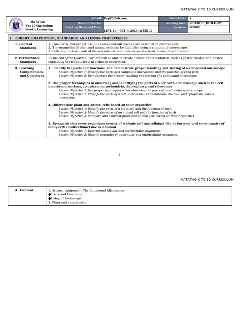 DLL Matatag - Science 7 Q2 W1 | PDF | Cell (Biology) | Microscope