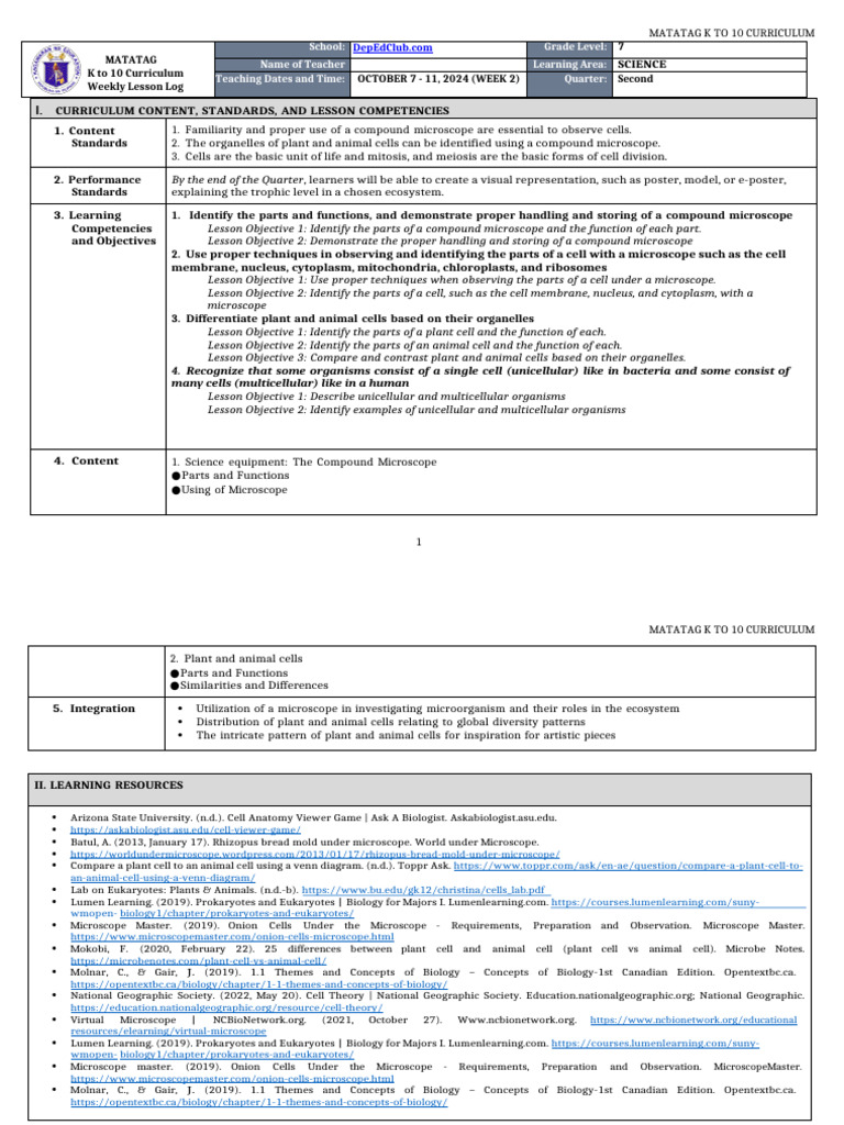 DLL Matatag - Science 7 Q2 W2 | PDF | Cell (Biology) | Endoplasmic Reticulum
