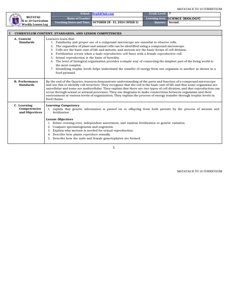 DLL Matatag - Science 7 Q2 W5 | PDF | Meiosis | Sexual Reproduction