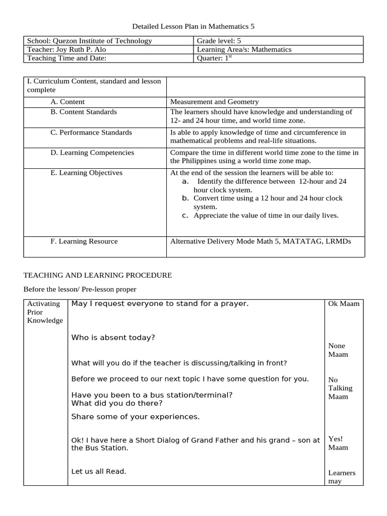Detailed Lesson Plan in Mathematics 5 Joy | PDF | Lesson Plan | Learning