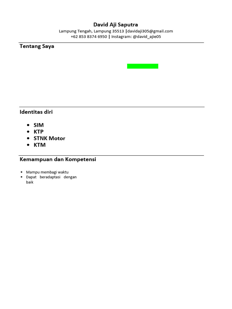 CV David Aji Saputra Ojek | PDF