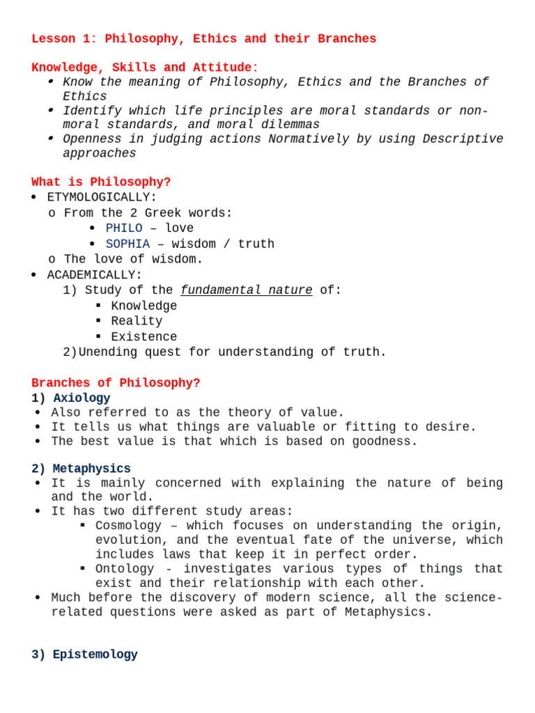 Lesson 1 Philosophy Ethics and Their Branches | PDF | Morality | Logic