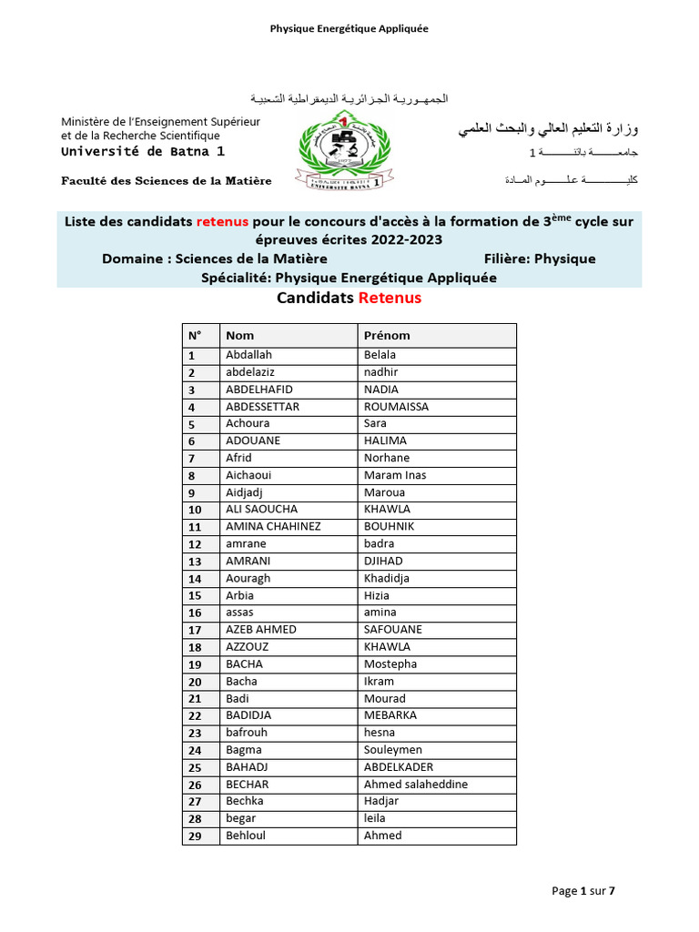 Liste des candidats retenus 2022-2023 | PDF