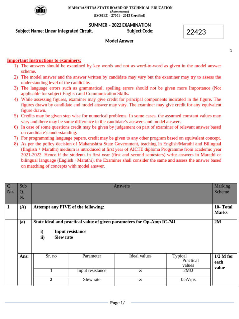 22423-2022-Summer-Model-Answer-Paper (Msbte Study Resources) | PDF | Operational Amplifier ...