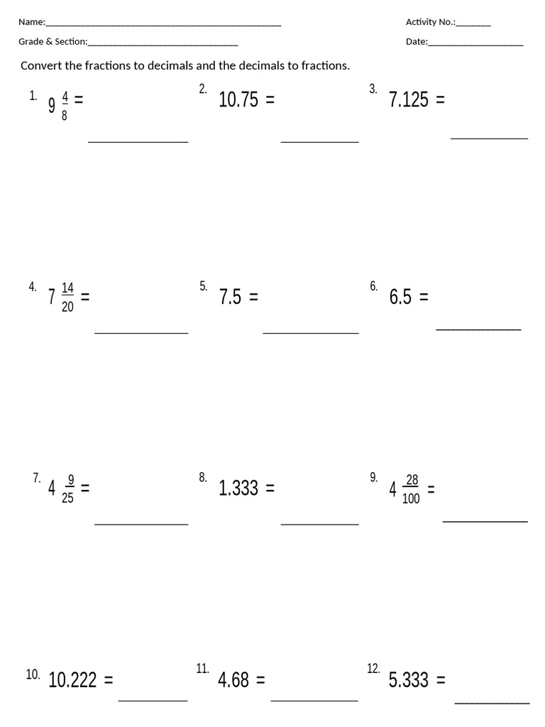 Fractions and Decimals Conversion Worksheet | PDF