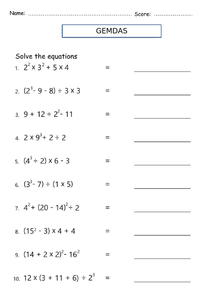 GEMDAS Worksheets | PDF