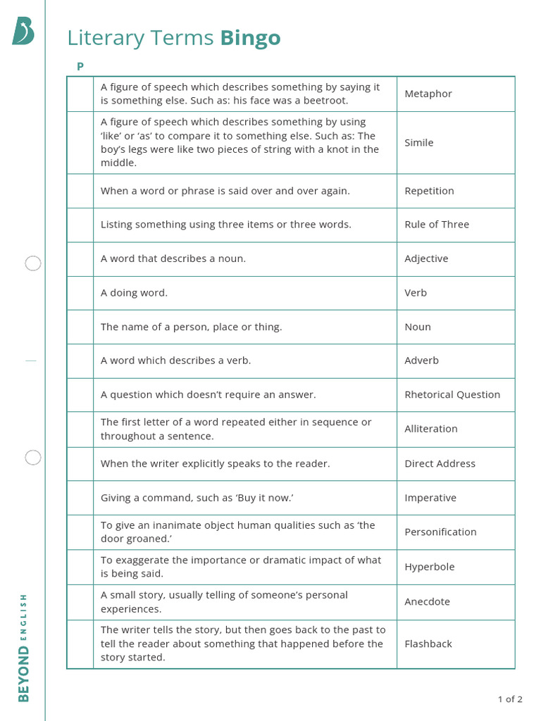 Literary Terms Bingo Caller Card | PDF | Poetry | Verb