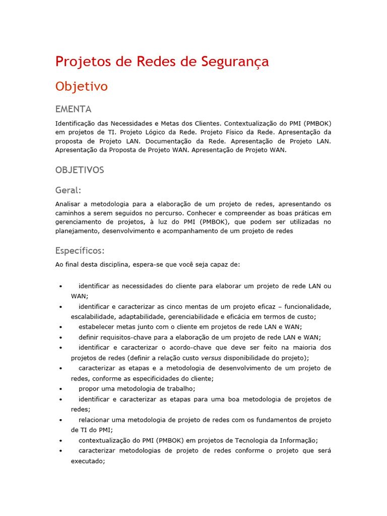 546380656-Projetos-de-Redes-de-Seguranca | PDF | Rede de computadores | Custo