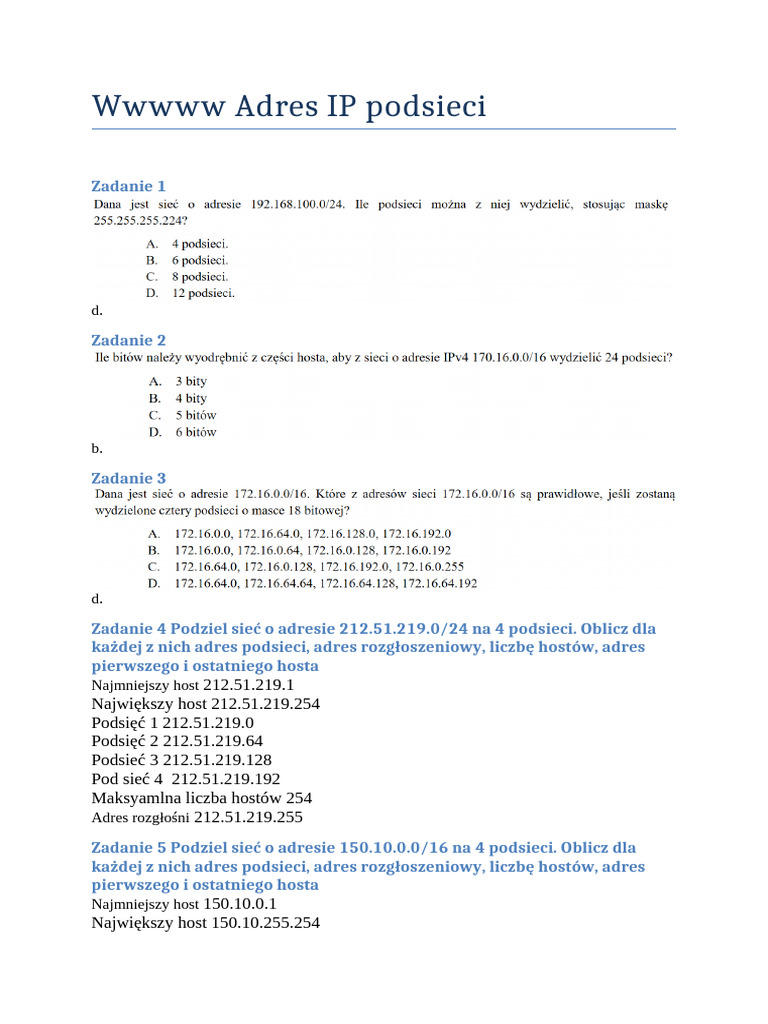 Adres IP podsieci zadania | PDF