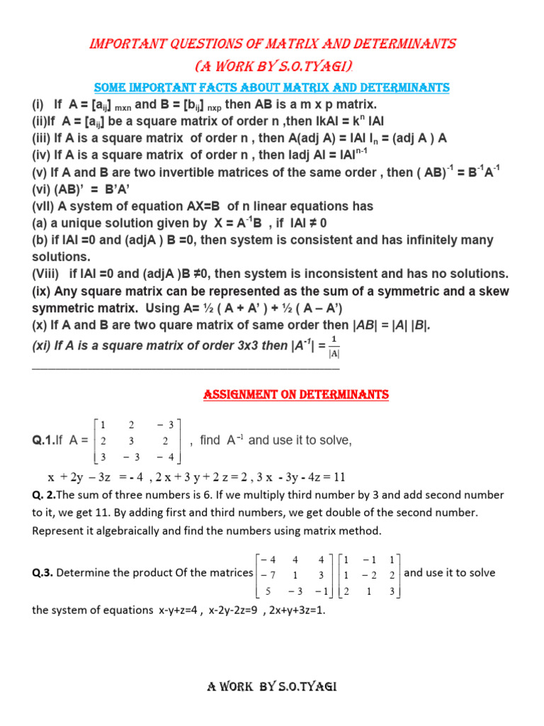Important Questions of Matrix and Determinants | PDF | Matrix (Mathematics) | Determinant