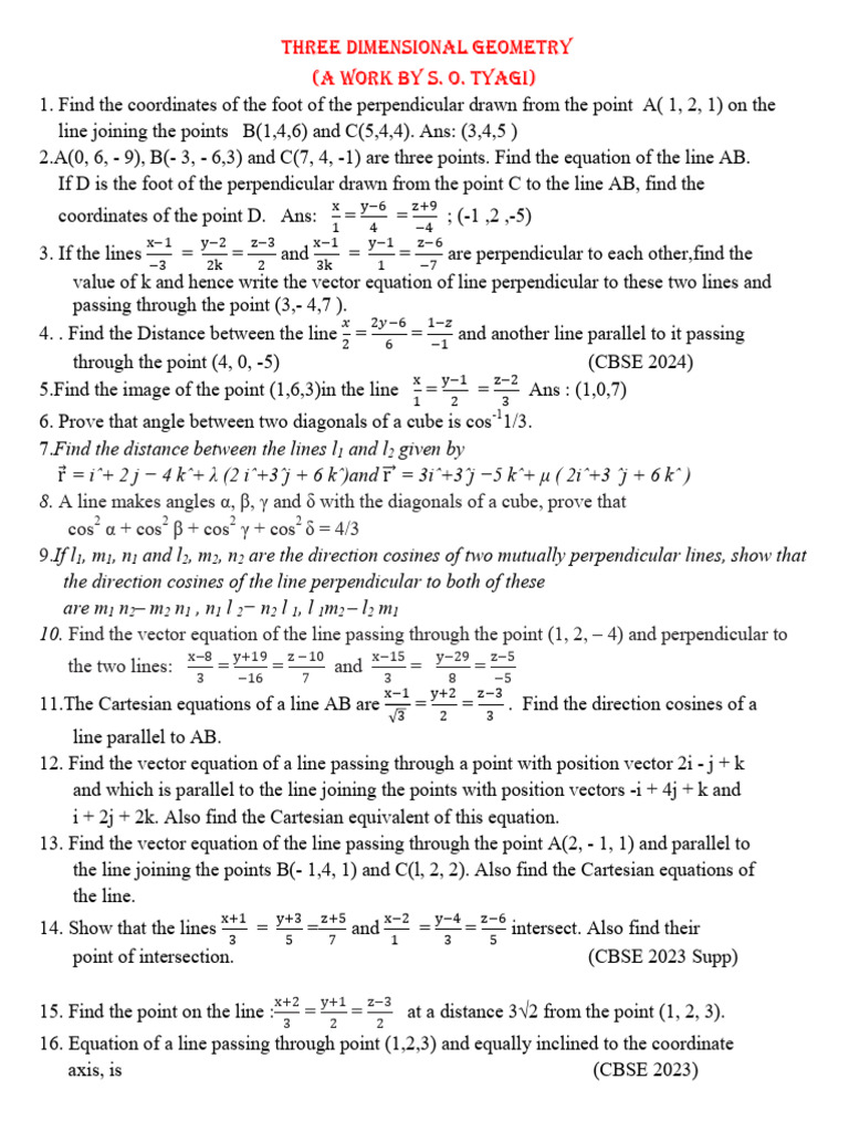 Class 12 3D Geometry Extra Questions | PDF | Line (Geometry ...