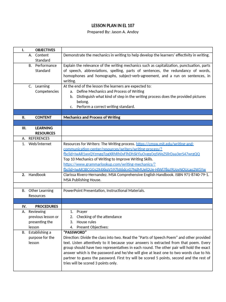 Dindin LESSON PLAN IN EL 107 | PDF | Noun | Part Of Speech