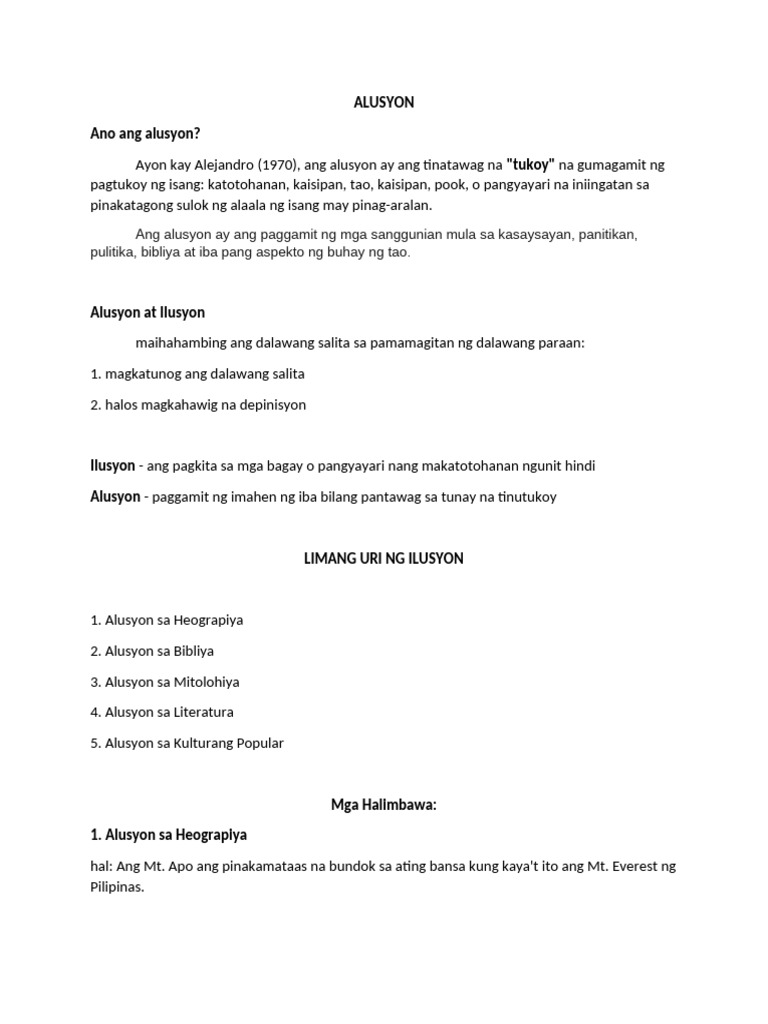 Masining Yunit 3 Topic 2 Alusyon | PDF