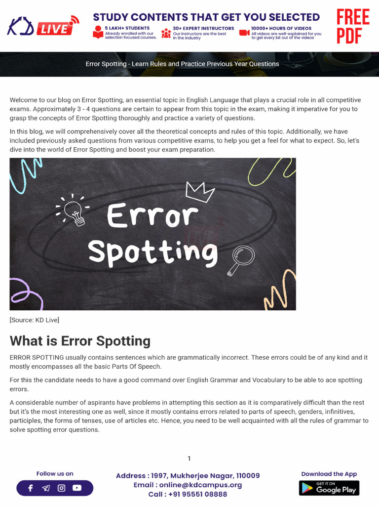 English Language Error Spotting Learn Rules and Practice Previous Year Questions | PDF