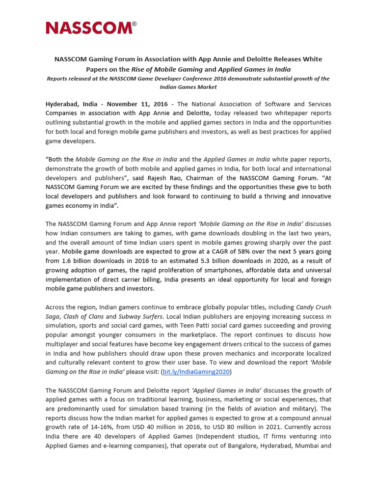 Nasscom Gaming Forum in Association With App Annie and Deloitte Releases White Papers | PDF ...