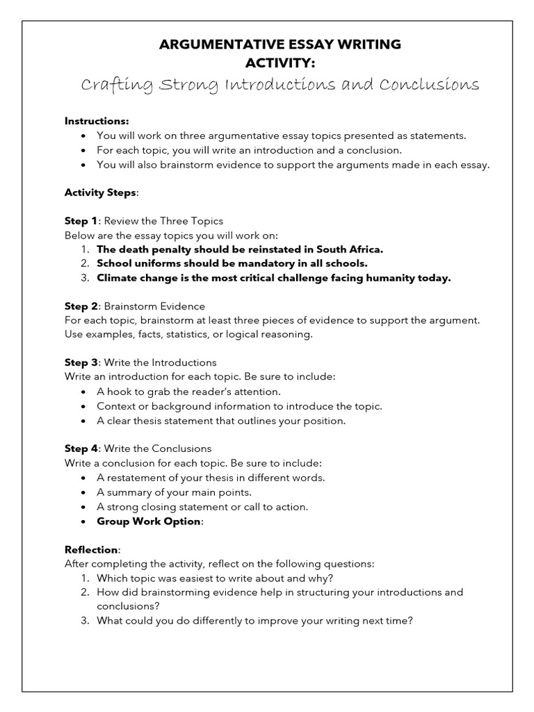 Argumentative Essay Writing Activity | PDF