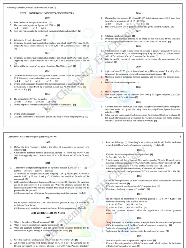 Previous Year Question Class 11 - Compressed | PDF