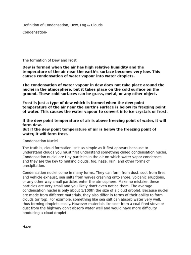 Definition of Condensation | PDF | Fog | Frost