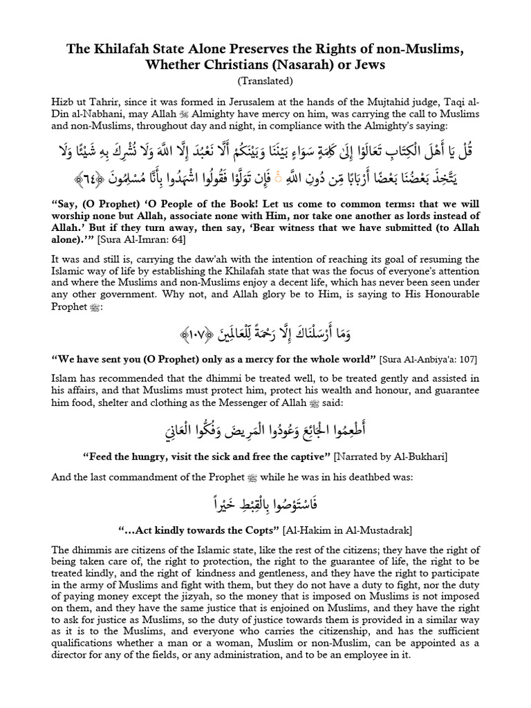 The Khilafah State Alone Preserves The Rights of Non-Muslims, Whether ...