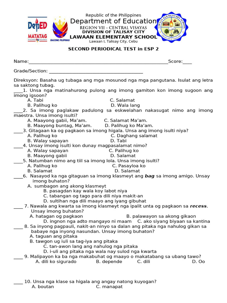 SECOND PERIODICAL TEST in ESP 2 2024 | PDF
