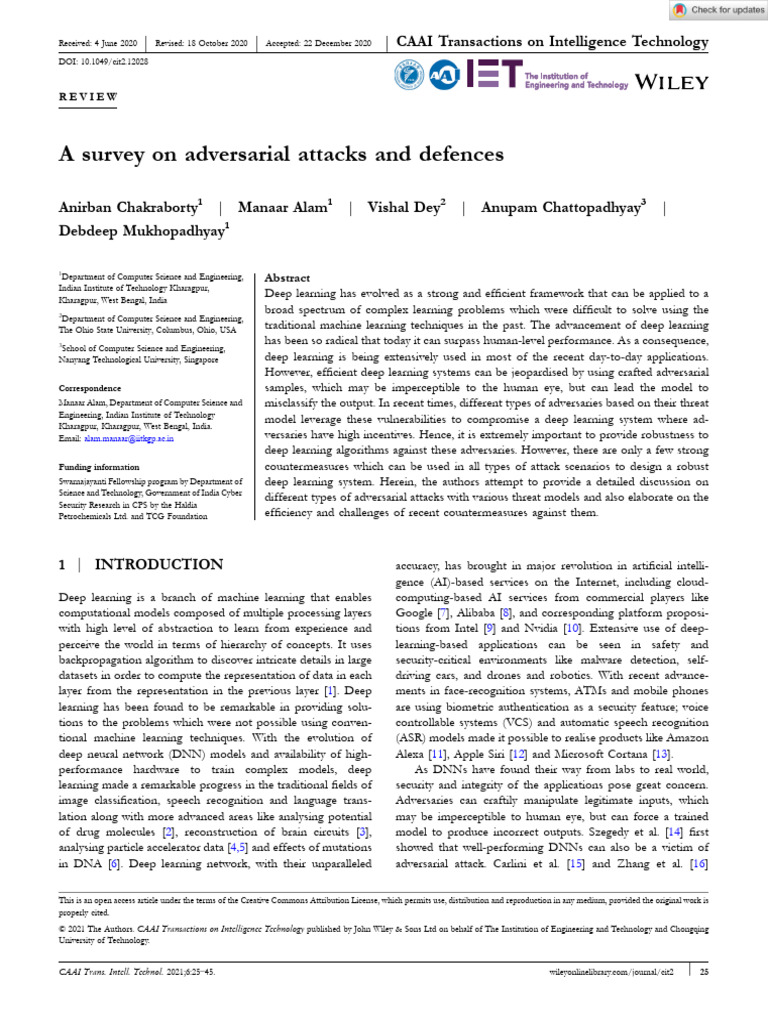 CAAI Trans on Intel Tech - 2021 - Chakraborty - A Survey on Adversarial Attacks and Defences ...