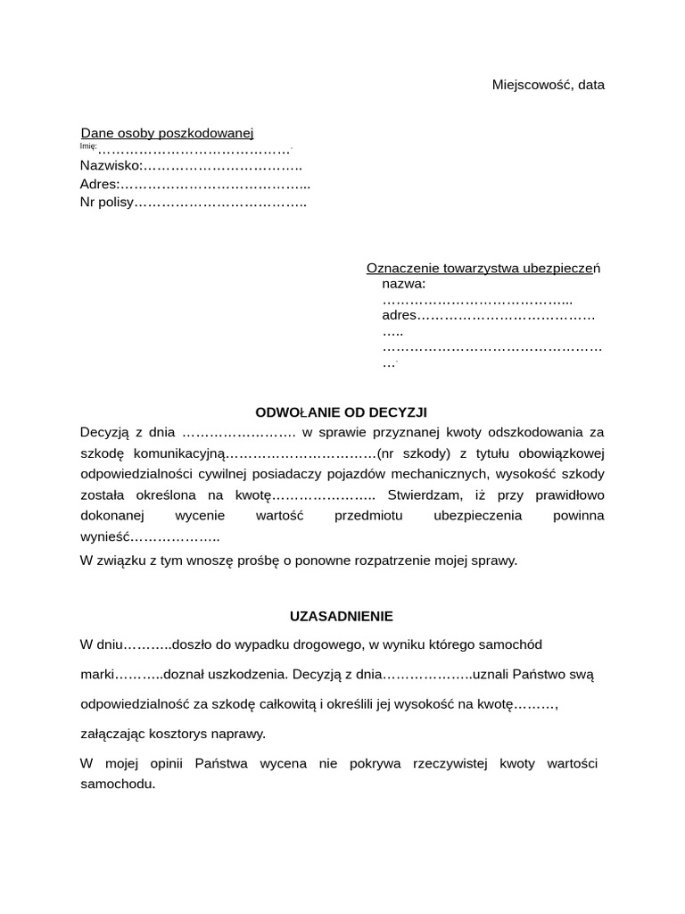 Odwołanie Od Decyzji Ubezpieczyciela - Wzór | PDF