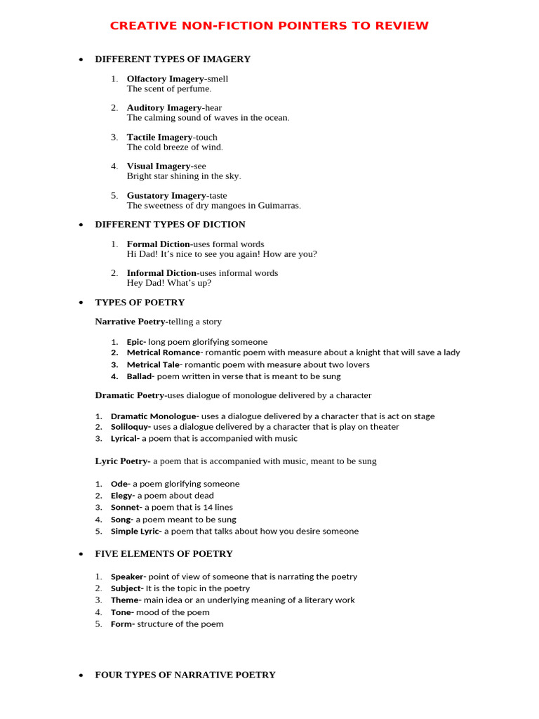 Creative Non Fiction Pointers To Review | PDF | Poetry | Lyric Poetry