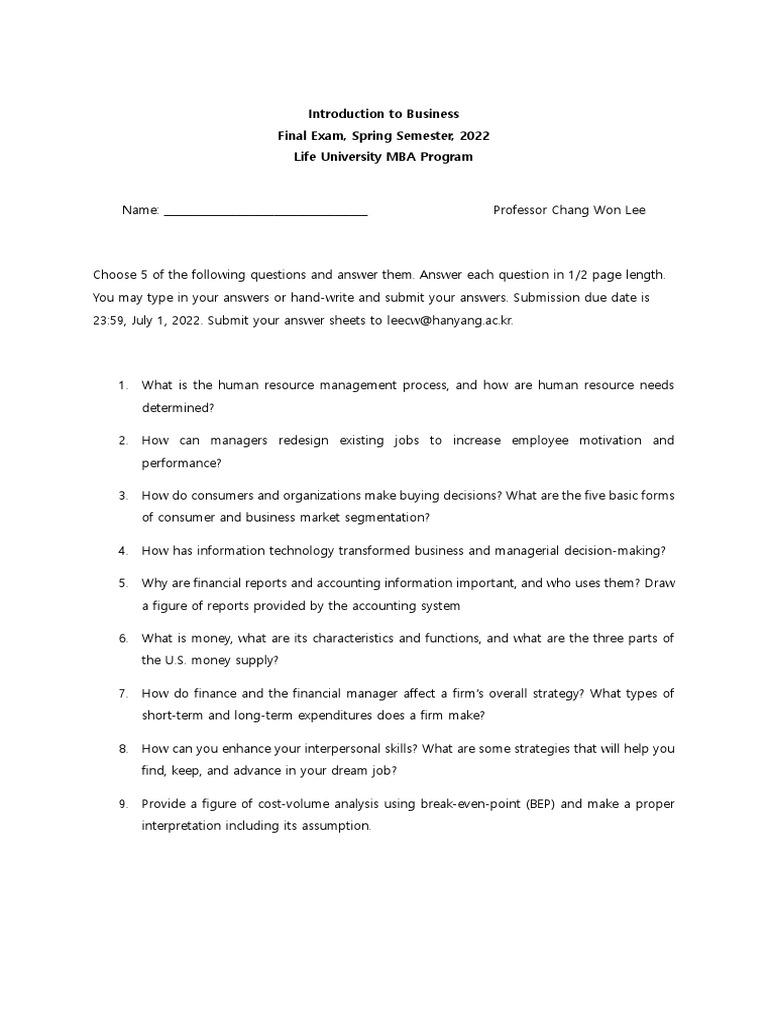 Final Exam Sheet for Introduction to Business | PDF