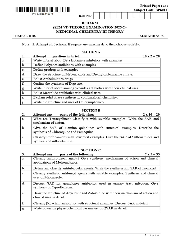Bpharm 6 Sem Medicinal Chemistry 3 Bp601t Jun 2024 | PDF | Drugs ...