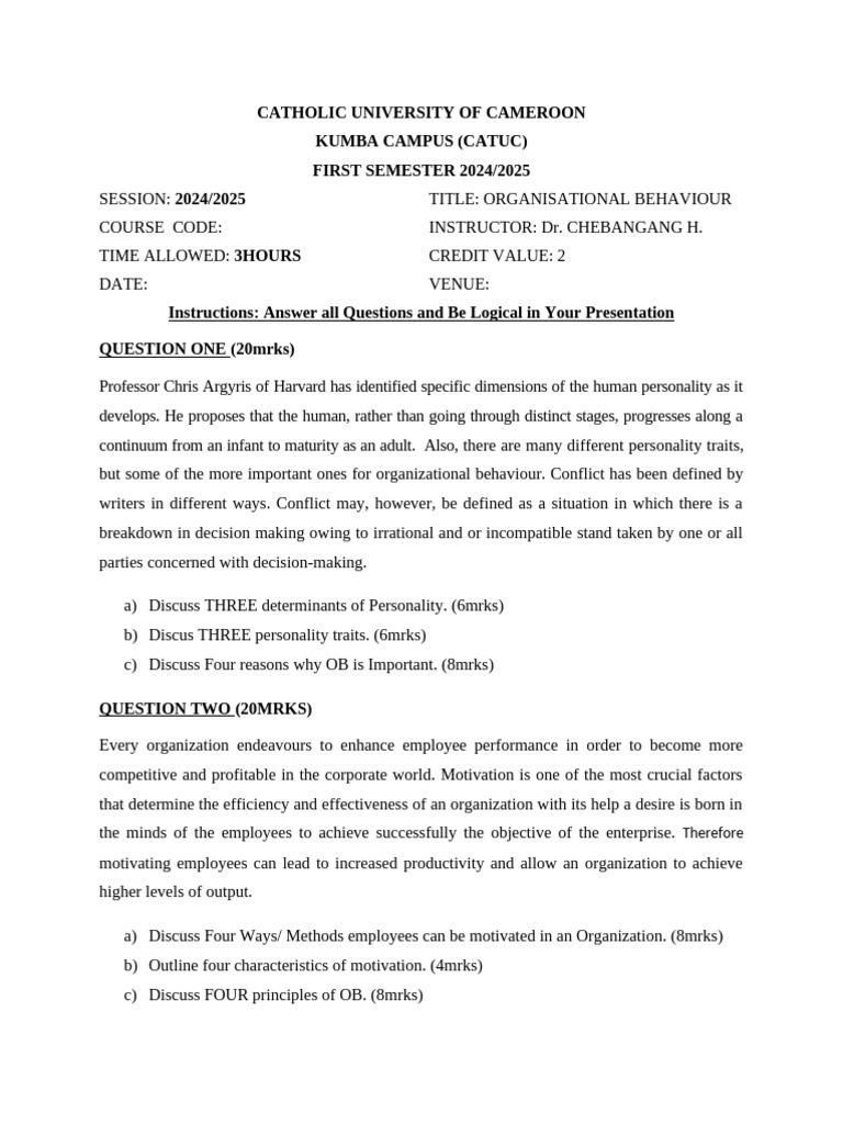 Organizational Behaviour. EXAM | PDF | Motivational | Motivation