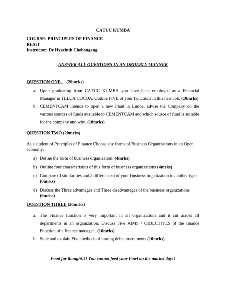 RESIT EXAM - CATUC KUMBA - Prin of Fin | PDF