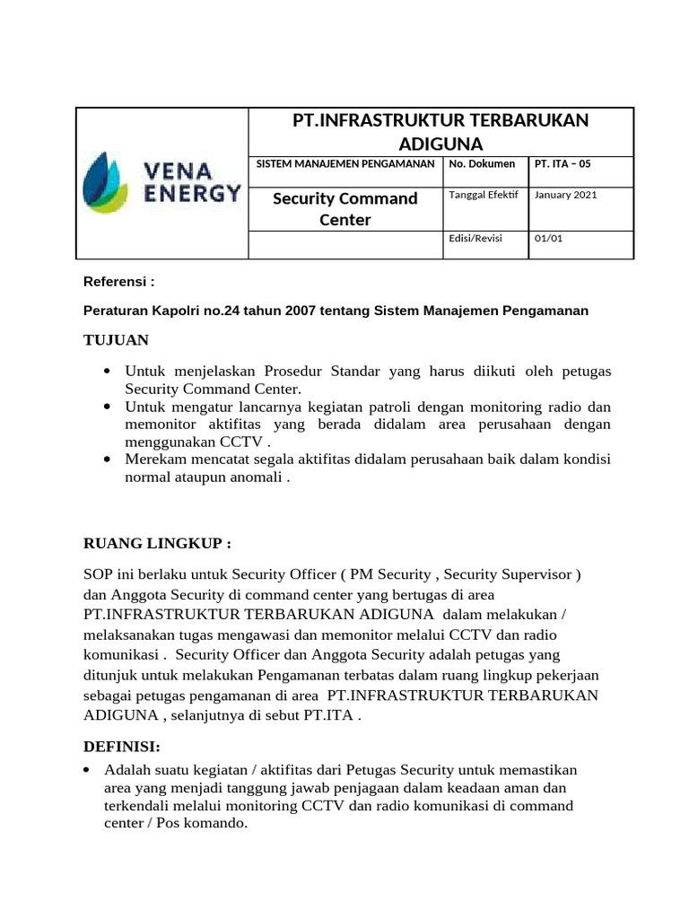 SOP Command Center Keamanan PT. ITA | PDF