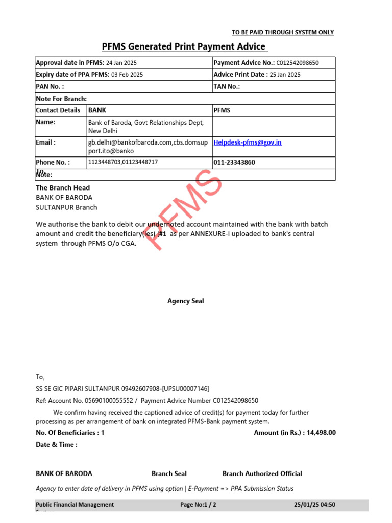 PFMS Payment Advice C012542098650 | PDF | Service Industries | Personal ...