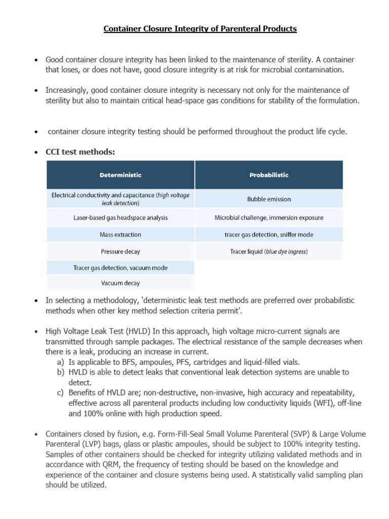 Summary -Container Closure Integrity of Parenteral Product | PDF ...