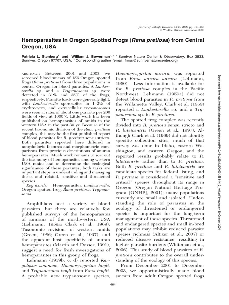 Hemoparasites in Oregon Spotted Frogs | PDF | Species | Parasitism