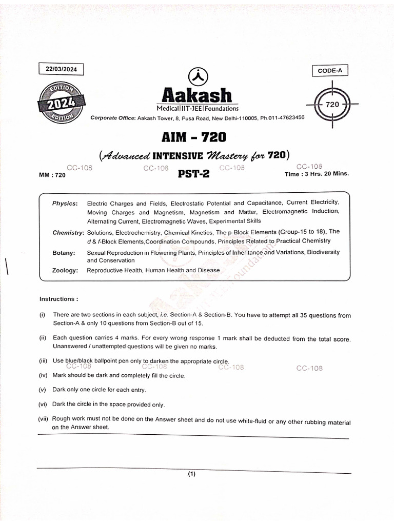 INTENSIVE PST 2 Code - A 2024 | PDF