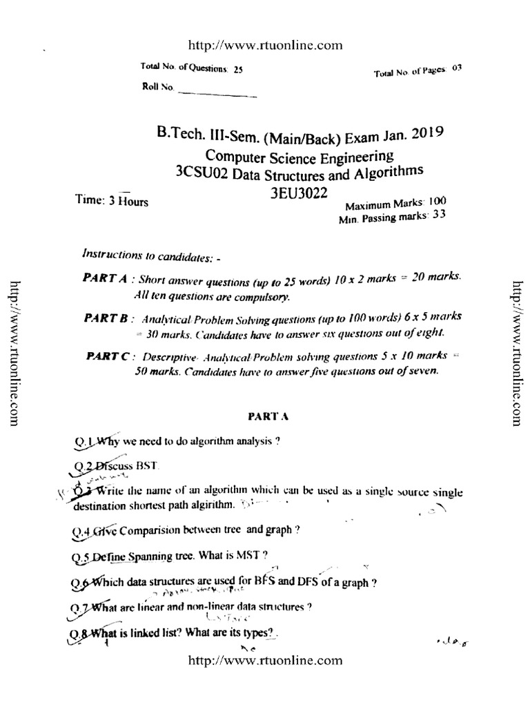Dsa Rtu 3rd Sem Papers 2019 | PDF
