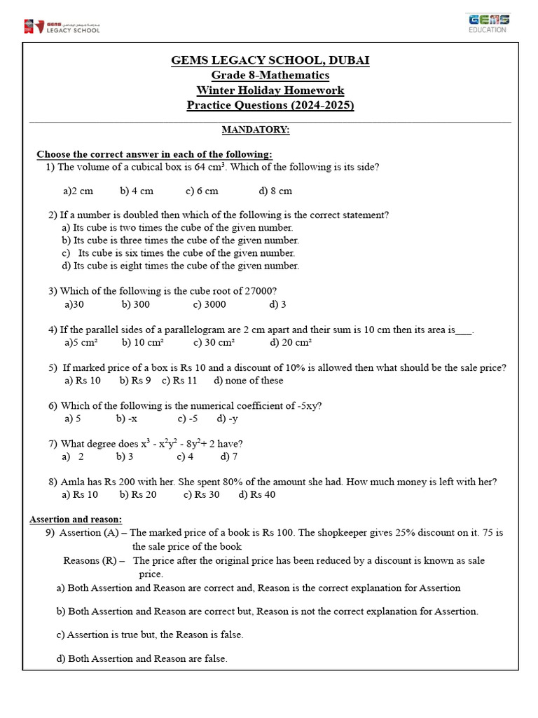 Grade 8 Winter Math Homework 2024-25 | PDF | Abstract Algebra | Algebra