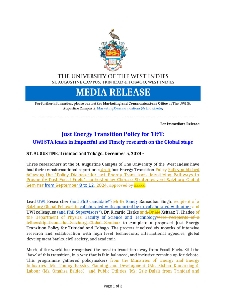 MEDIA RELEASE Just Energy Transition Policy for Trinidad and Tobago ...