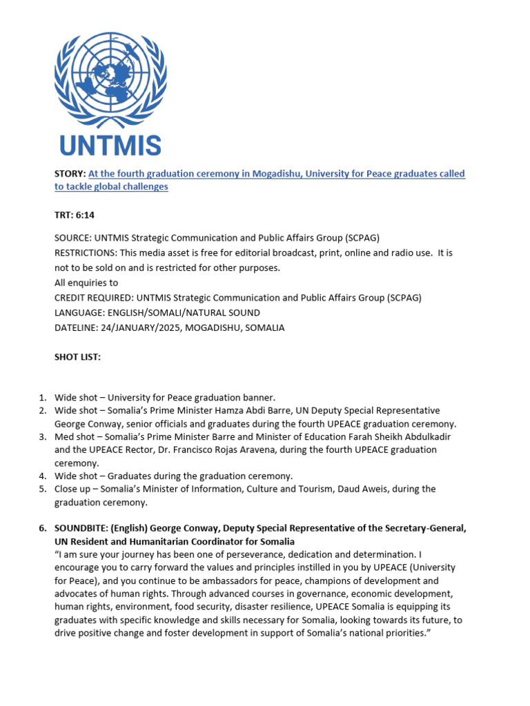 SHOTLIST and ARTICLE - at The Fourth Graduation Ceremony in Mogadishu ...