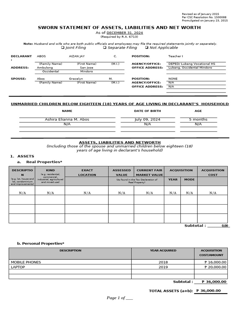 SALN Form F0R 2024 - AIZAN JAY ABOS | PDF