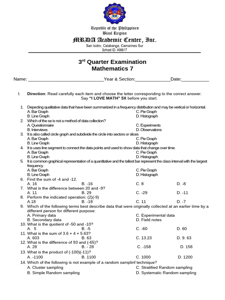 3rd Grading Exam in Math 7 | PDF | Integer | Sampling (Statistics)