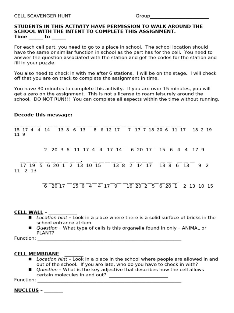 CELL SCAVENGER HUNT Group | PDF | Endoplasmic Reticulum | Cell (Biology)