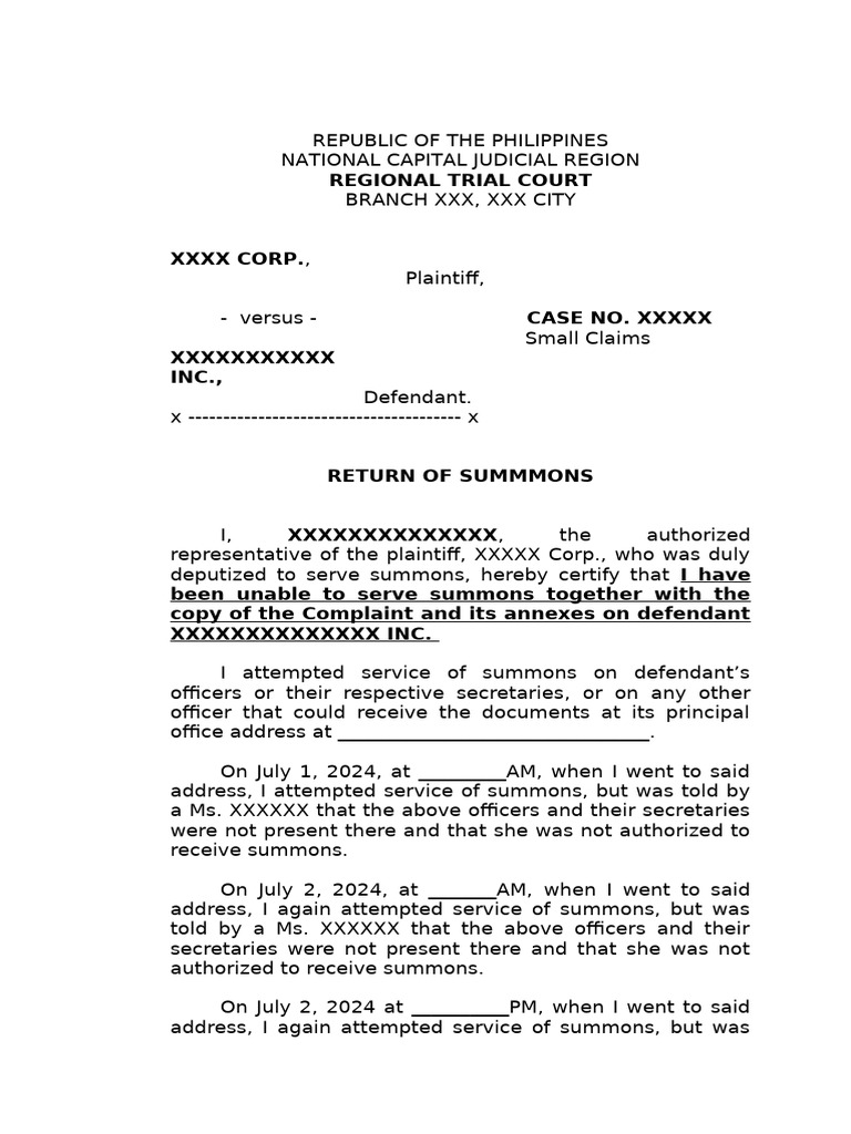 Return of Service of Summons - Unserved | PDF | Summons | Crime & Violence