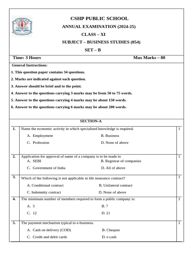 Class XI SET-B BST Annual-1 | PDF | Trade | Business