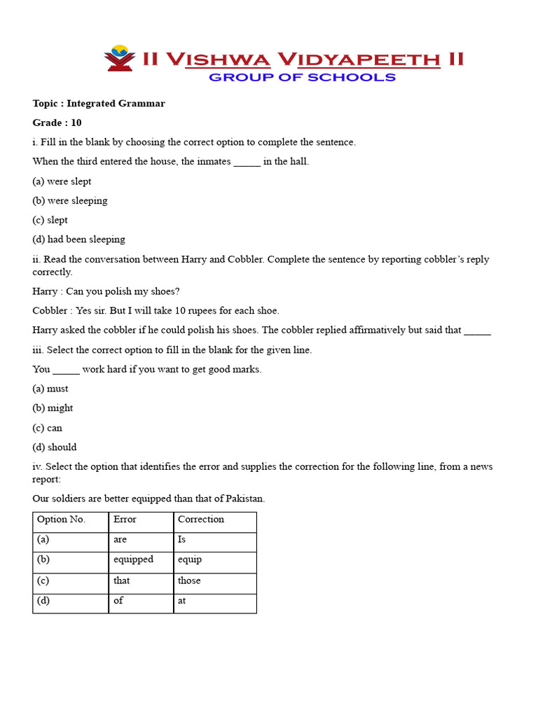 Integrated Grammar Exercises for Grade 10 | PDF